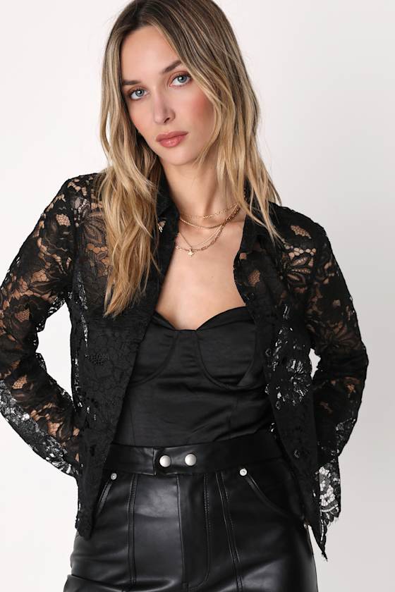 Black Lace Top - Long Sleeve Lace Top - Button-Up Lace Top - Lulus