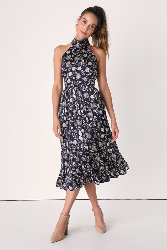 Navy Floral Dress Floral Print Midi Dress Halter Midi Dress Lulus
