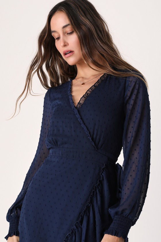 Navy Blue High Low Dress Blue Wrap Dress Swiss Dot Dress Lulus
