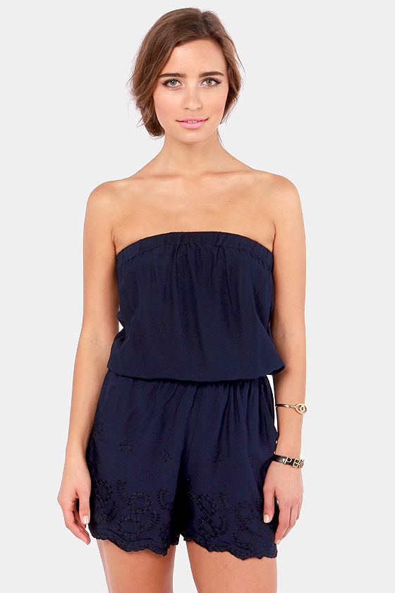Cute Navy Blue Romper Strapless Romper Embroidered Romper 34 00