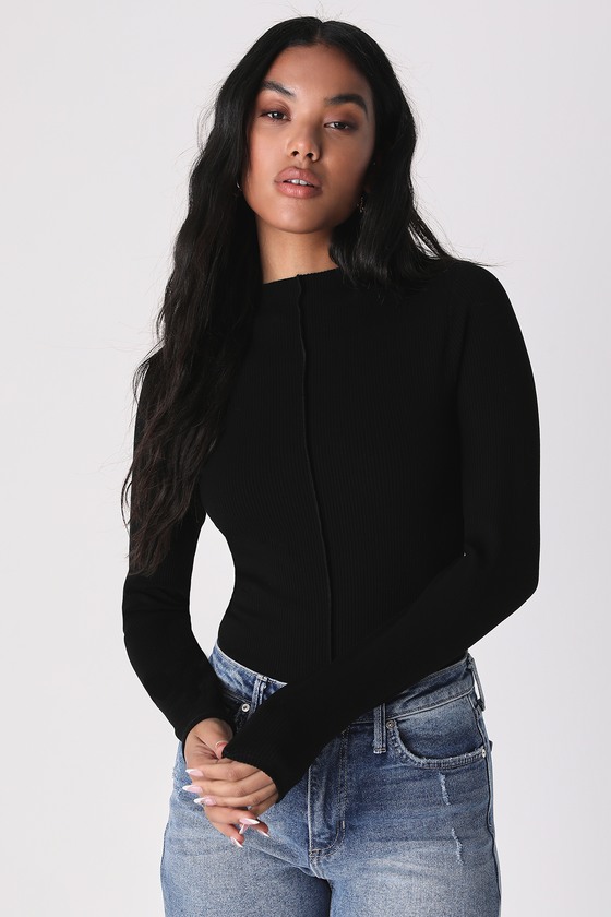 Black Ribbed Bodysuit Mock Neck Bodysuit Bodysuit Lulus