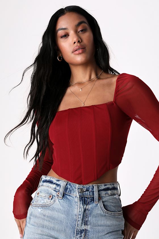 Mesh Crop Top - Wine Red Sexy Mesh Top - Cropped Bustier Top - Lulus