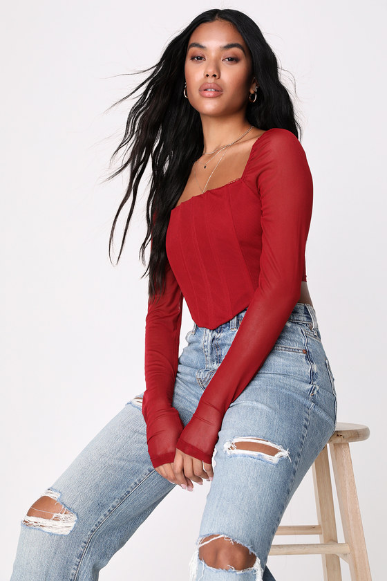 Mesh Crop Top Wine Red Sexy Mesh Top Cropped Bustier Top Lulus