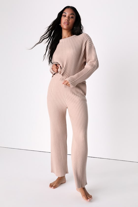 Taupe Ribbed Knit Pants - Wide-Leg Lounge Pants - Sweater Pants - Lulus