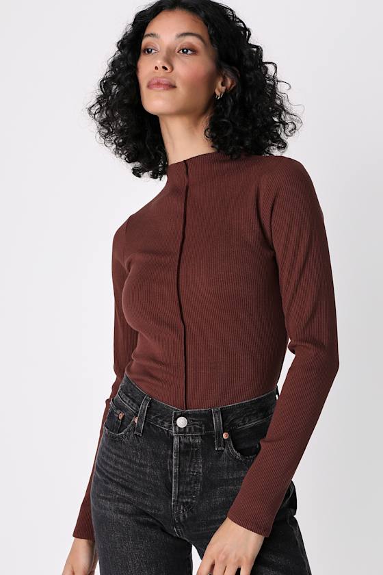 Brown Ribbed Bodysuit - Mock Neck Bodysuit - Bodysuit - Lulus