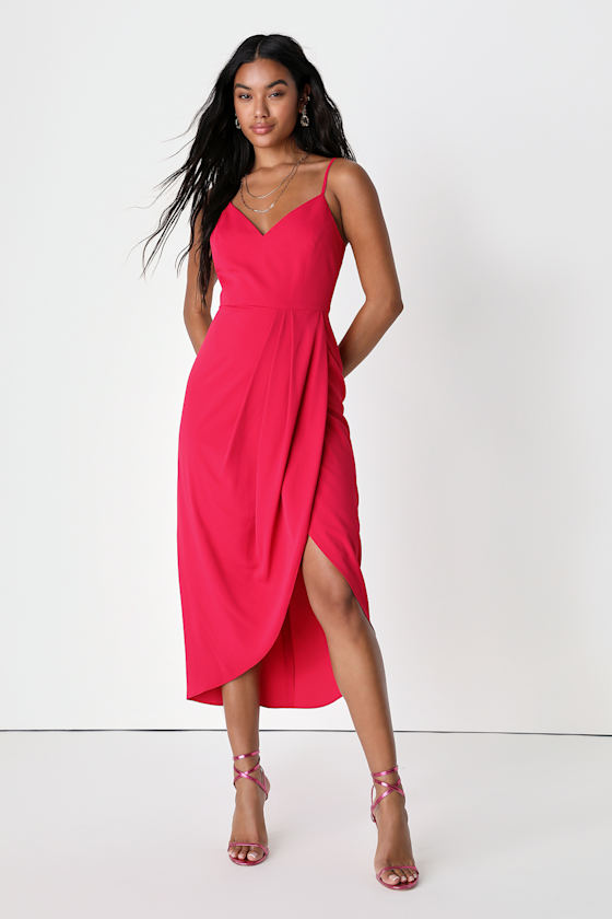 Hot Pink Midi Dress - Midi Dress - High-Low Dress - Wrap Dress - Lulus