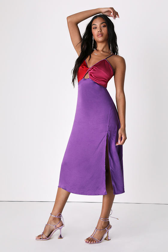 Color Block Midi Dress - Twist-Front Dress - Satin Cutout Dress - Lulus