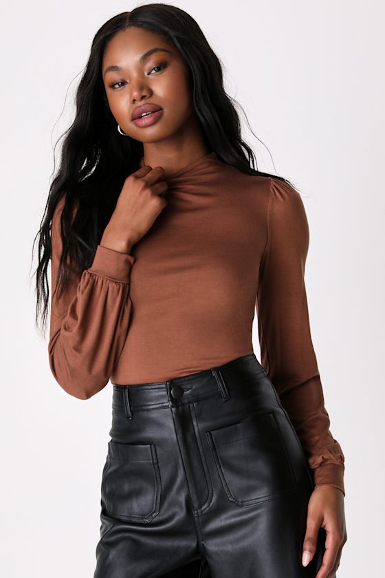 Brown Long Sleeve Top - Jersey Knit Top - Brown Funnel Neck Top - Lulus