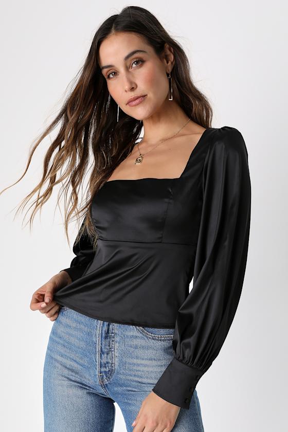 Black Satin Top - Square Neck Top - Shoulder Pad Top - Lulus