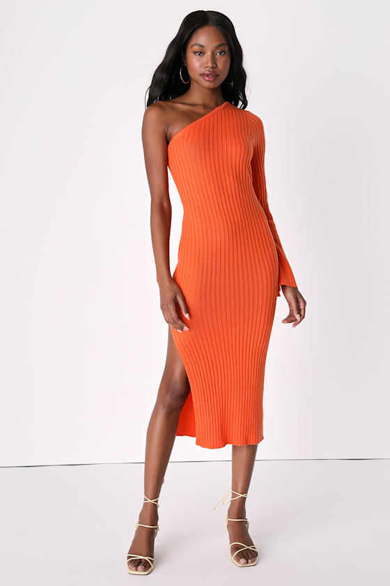 Orange Ribbed Knit Dress - Midi Sweater Dress - Long Sleeve Dress - Lulus