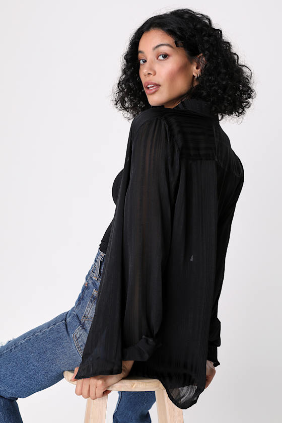 Black Button-Up Top - Semi Sheer Top - Shadow Stripe Top - Lulus