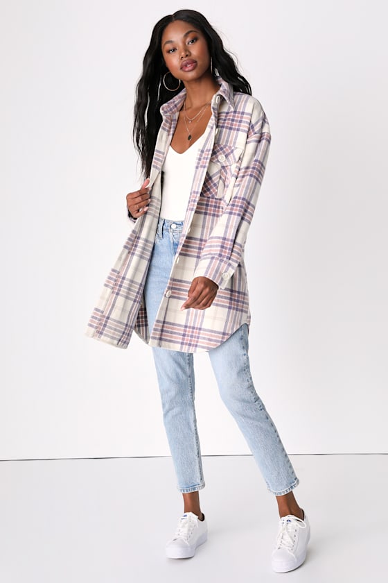 Ivory and Lilac Shacket - Plaid Shacket - Oversized Shacket - Lulus
