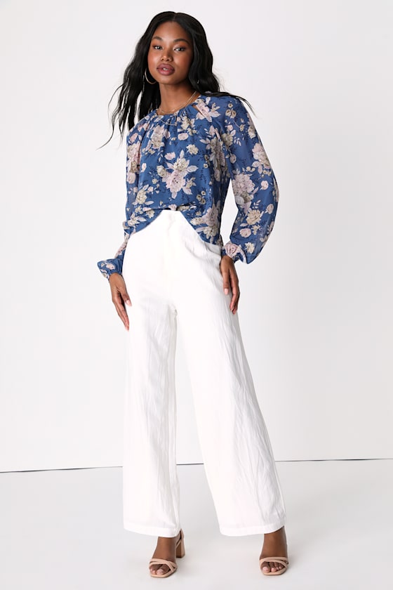 Blue Floral Cutout Top - Long Sleeve Blouse - Drawstring Top - Lulus