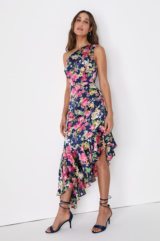 Blue Multi Floral Dress - One-Shoulder Midi Dress - Satin Dress - Lulus