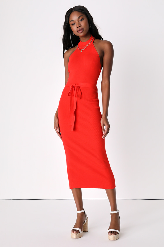 Red Sweater Dress Halter Dress Sleeveless Midi Dress Lulus