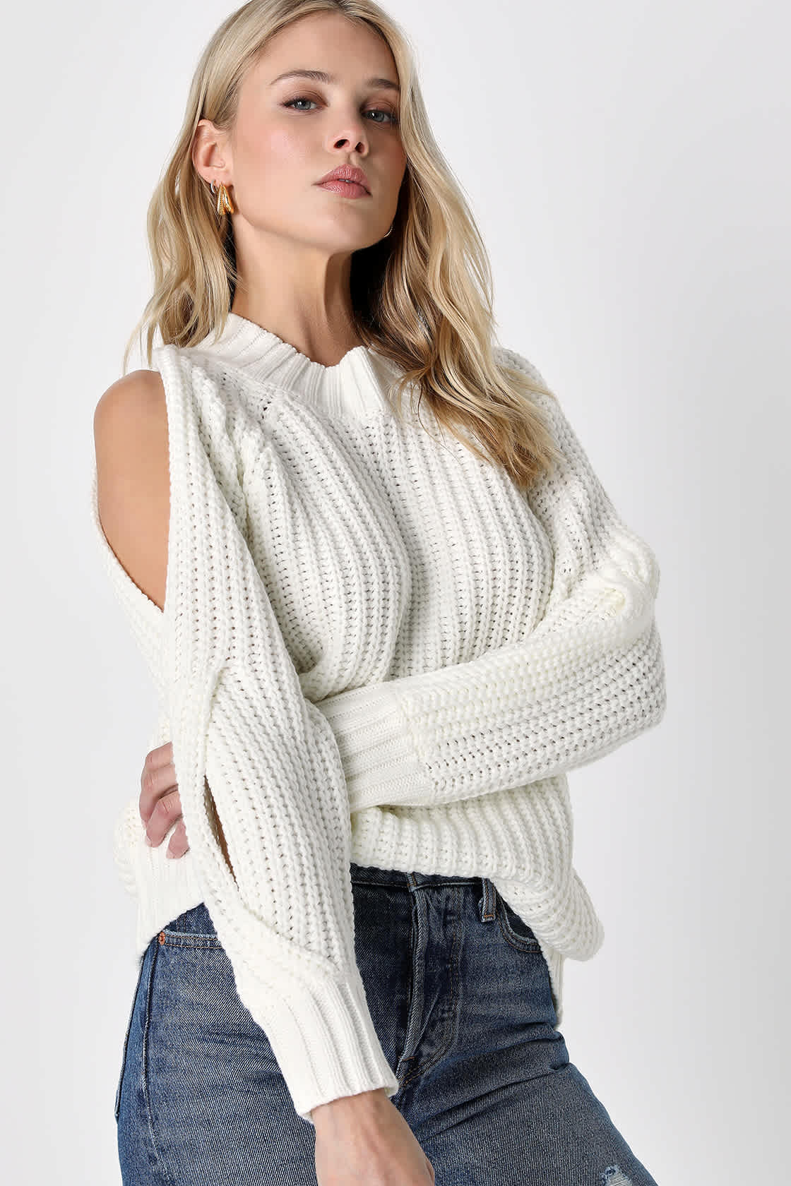 Ivory Knit Sweater - Cutout Sleeve Sweater - Knit Sweater - Lulus