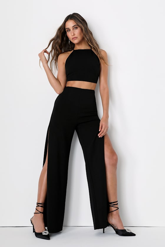 Black Wide-Leg Jumpsuit - Two-Piece Jumpsuit - Tie-Back Jumpsuit - Lulus