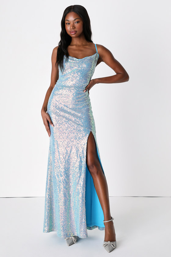 Iridescent Sequin Dress Blue Sequin Dress Cowl Neck Dress Lulus
