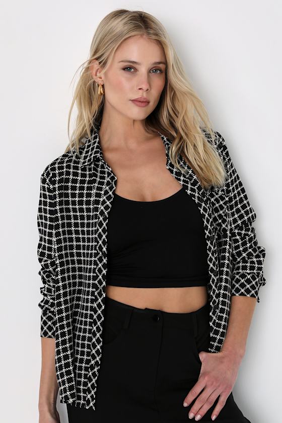 Black Grid Print Top - Long Sleeve Top - Minimalist Button Up - Lulus