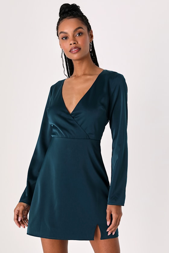 Dark Teal Mini Dress - Satin Mini Dress - Long Sleeve Mini Dress - Lulus