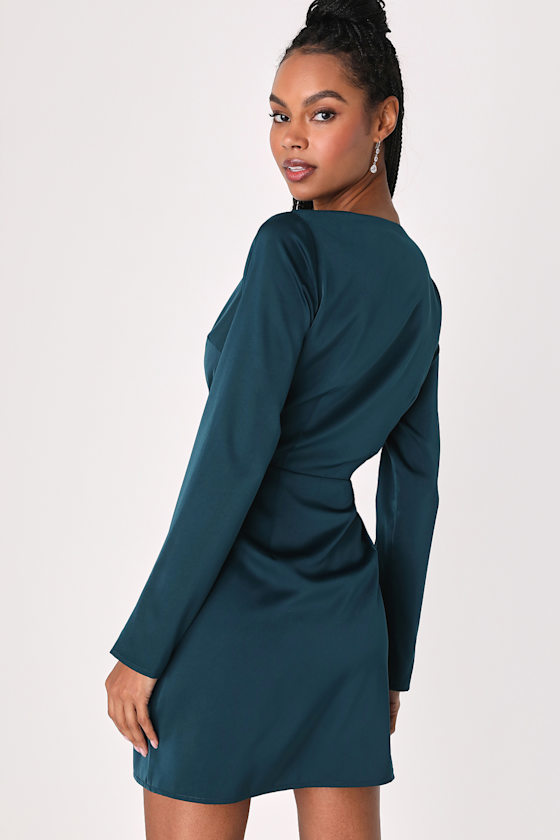 Dark Teal Mini Dress - Satin Mini Dress - Long Sleeve Mini Dress - Lulus
