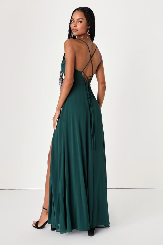 Hunter Green Maxi Dress Pleated Backless Dress Lace Up Maxi Lulus