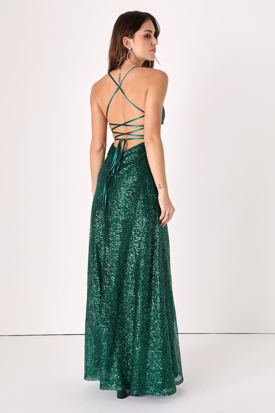 Emerald Green Sequin Dress Lace Up Maxi Dress Sequin Dress Lulus