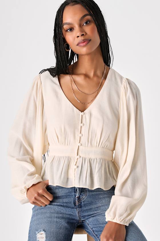 Cream Cropped Top - Button-Front Long Sleeve Top - Cropped Blouse - Lulus
