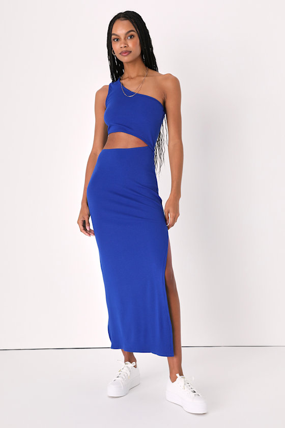 Royal Blue Midi Dress - Ribbed One-Shoulder Dress - Cutout Dress - Lulus