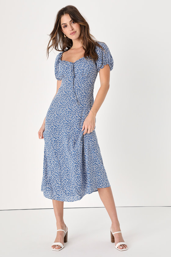 Blue Floral Midi Dress Puff Sleeve Midi Dress Blue Day Dress Lulus
