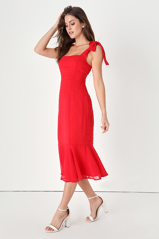 Bright Red Dress Swiss Dot Dress Midi Dress Tie Strap Lulus