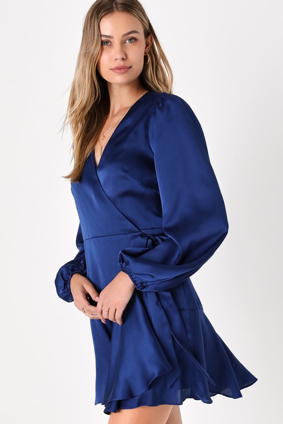Navy Blue Satin Mini Dress Long Sleeve Wrap Dress Satin Dress Lulus