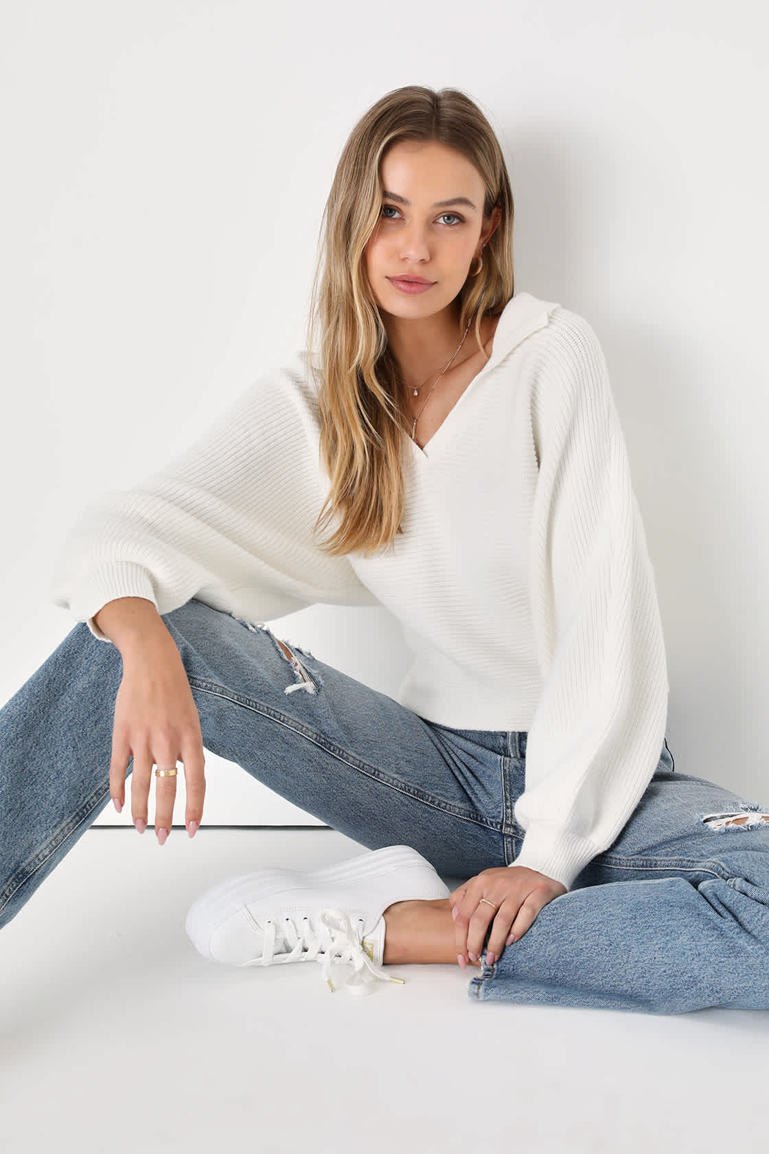 Cute White Sweater - Collared Sweater - Long Sleeve Sweater - Lulus
