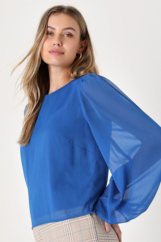 Blue Chiffon Blouse - Balloon Sleeve Blouse - Airy Woven Blouse - Lulus