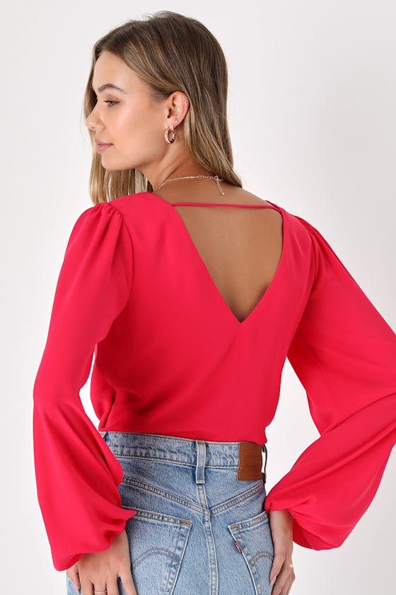 Hot Pink V-Neck Blouse - Balloon Sleeve Top - V-Back Top - Lulus