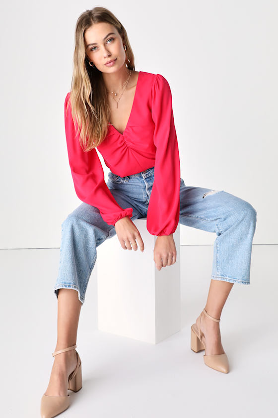 Hot Pink V-Neck Blouse - Balloon Sleeve Top - V-Back Top - Lulus