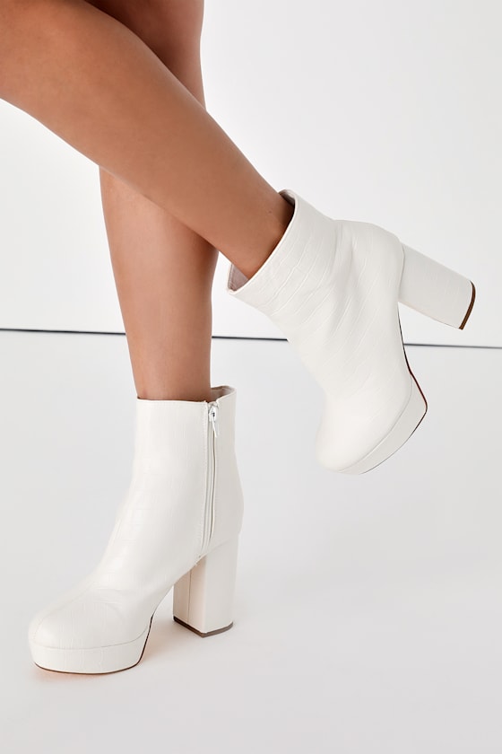 Ivory Crocodile Booties - Platform Booties - High Heel Booties - Lulus