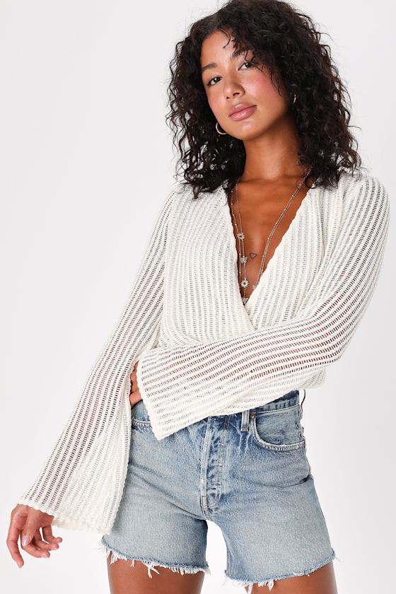 Ivory Knit Bodysuit - Surplice Bodysuit - Flared Sleeve Bodysuit - Lulus