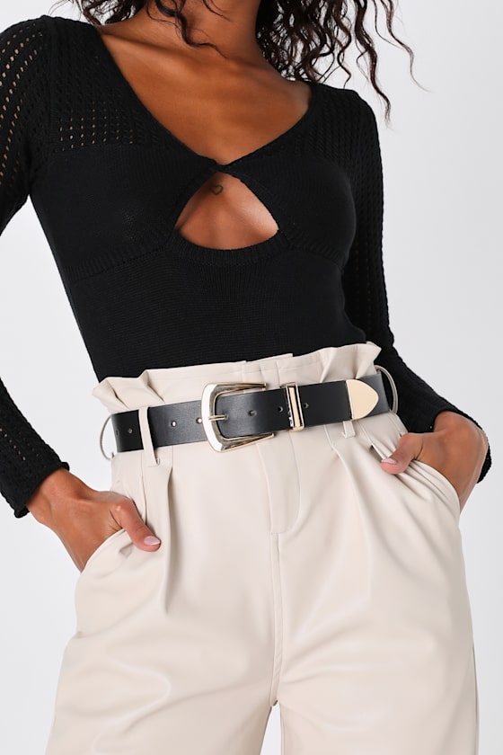 Wide Black Belt - Gold Buckle Belt - Oversized Buckle Belt - Lulus