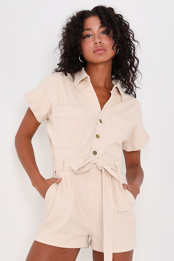 Beige Collared Romper - Belted Short Sleeve Romper - Twill Romper - Lulus