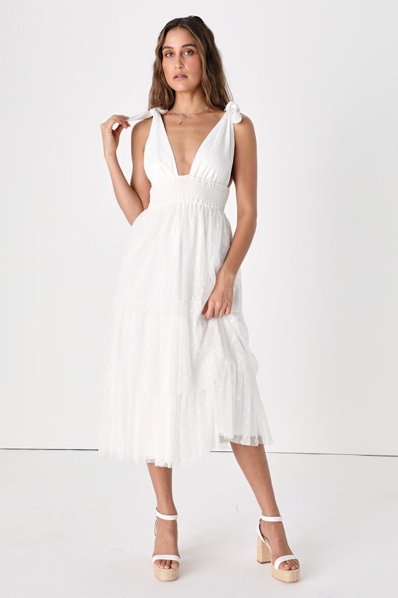 White Tiered Dress - Swiss Dot Midi Dress - Tie-Strap Midi Dress - Lulus