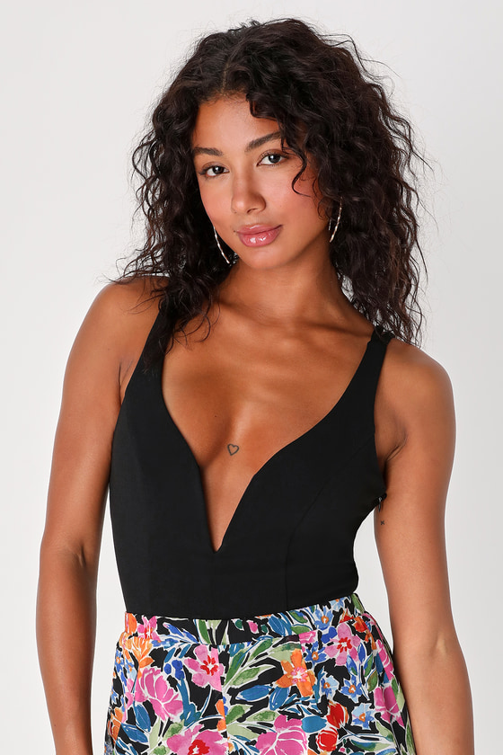 Black Strappy Bodysuit Plunge Bodysuit Sleeveless Bodysuit Lulus