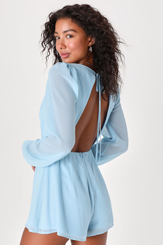 Light Blue Romper - Balloon Sleeve Romper - Cute Backless Romper - Lulus