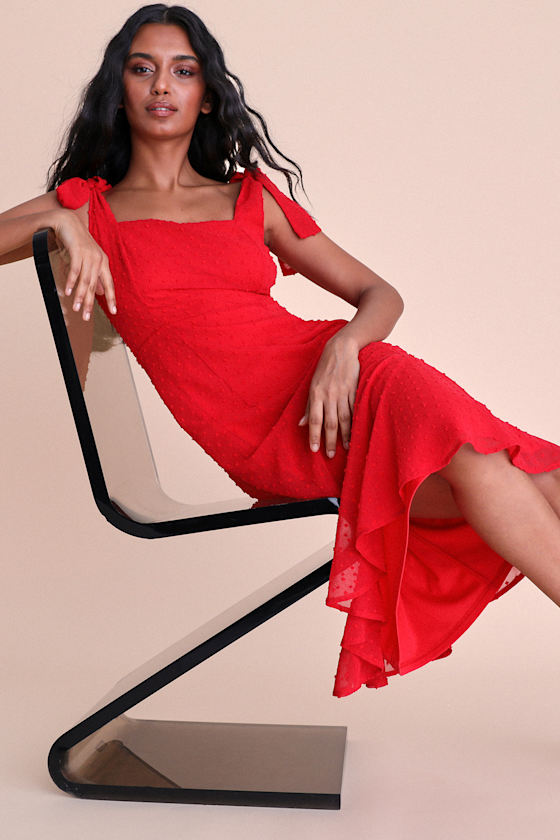 Bright Red Dress - Swiss Dot Dress - Midi Dress - Tie-Strap - Lulus