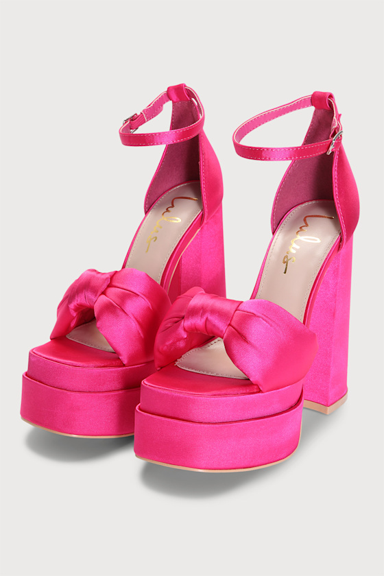 Fuchsia Pink Double Platform Heels - Bow Heels - Satin High Heels - Lulus