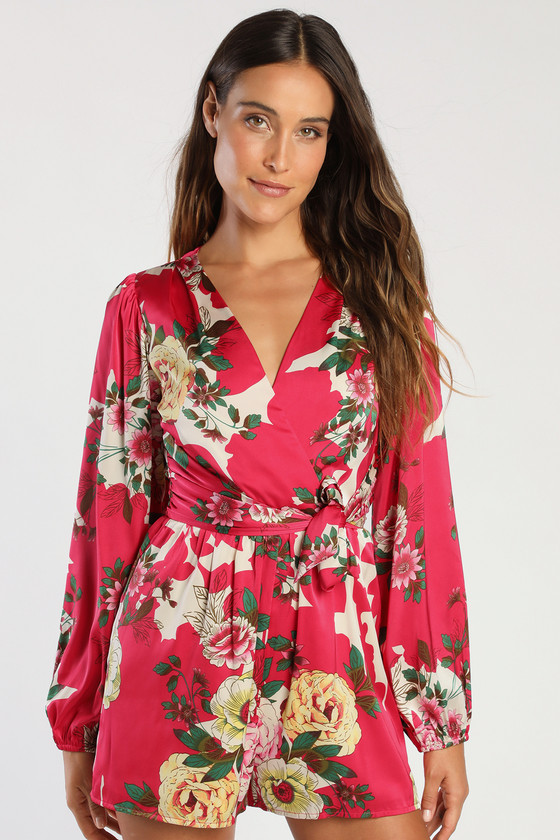 Pretty Pink Floral Romper Surplice Romper Tie Front Romper Lulus