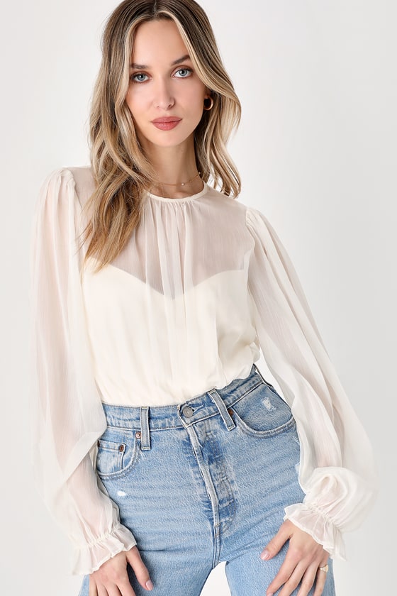 Ivory Pleated Bodysuit Sheer Bodysuit Puff Sleeve Bodysuit Lulus
