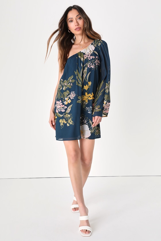 Navy Blue Mini Dress Floral Shift Dress One Shoulder Dress Lulus