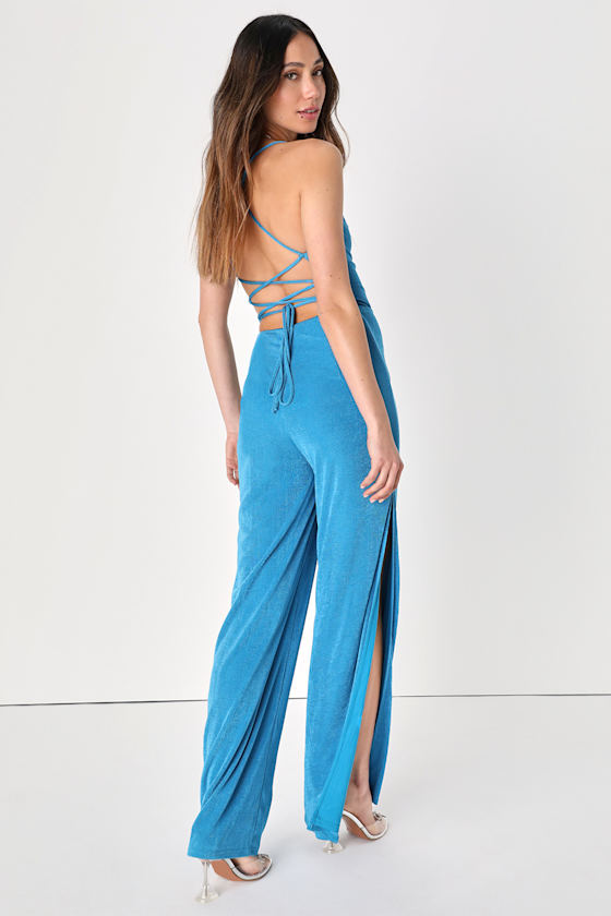Blue Lace-Up Jumpsuit - Split-Leg Jumpsuit - Cowl Jumpsuit - Lulus