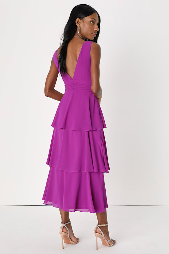 Purple V-Neck Dress - Tiered Midi Dress - Sleeveless Dress - Lulus